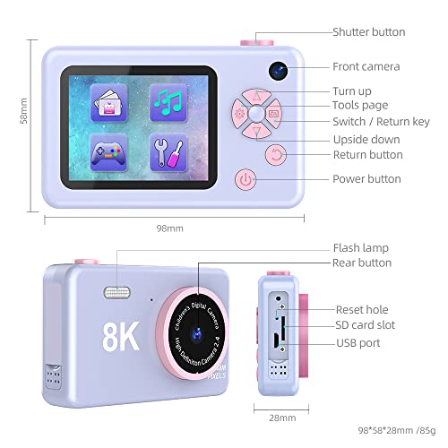 Digital Camera for Kids Girls Boys- 48MP Kids Camera with 32GB SD Card, Full HD 1080P Front and Rear Cameras Rechargeable Mini Camera for Students, Teens, Kids - Purple