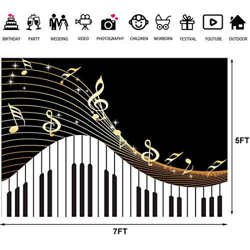 Piano Theme Backdrop for Photography Golden Musical Notes and Piano Keyboard Background for Kids Birthday Party Art Studio Photo Banner Props 7x5ft