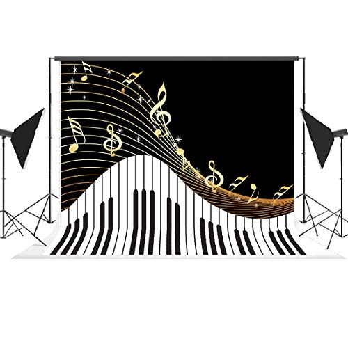 Piano Theme Backdrop for Photography Golden Musical Notes and Piano Keyboard Background for Kids Birthday Party Art Studio Photo Banner Props 7x5ft