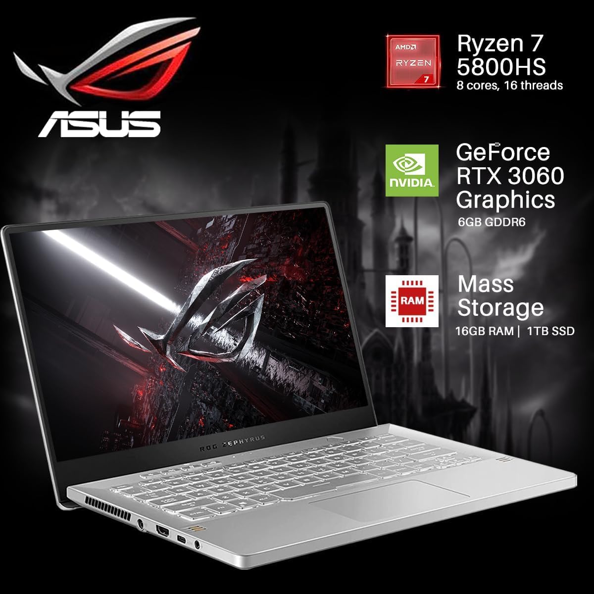asus ROG Zephyrus Gaming Laptop, 14" FHD 144HZ Display, AMD Ryzen 7 5800HS(Up to 4.4 GHz), NVIDIA GeForce RTX 3060 Graphics, 16GB RAM, 1TB SSD, Bluetooth, WiFi 6, Windows 11 Home