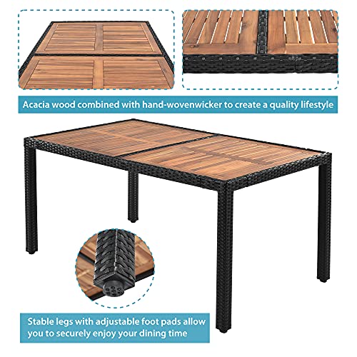 7 Pieces Outdoor Dining Set, Wicker Patio Dining Set for 6, All-Wheather Outdoor Table and Chairs with Acacia Wood Table Top and Cushions for Backyard, Garden, Poolside (Black)