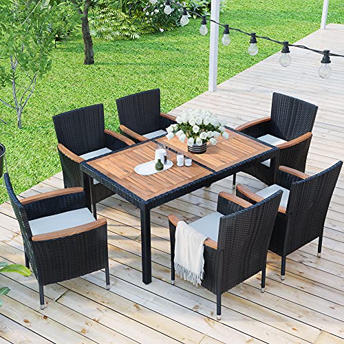 7 Pieces Outdoor Dining Set, Wicker Patio Dining Set for 6, All-Wheather Outdoor Table and Chairs with Acacia Wood Table Top and Cushions for Backyard, Garden, Poolside (Black)