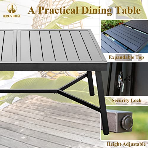 HERA'S HOUSE 7 Pieces Patio Dining Set, Outdoor Dining Set for 6, 6 x Dining Chair, 1 x Rectangular Expandable Large Surface Metal Dining Table for Patio, Lawn, Garden, Porch