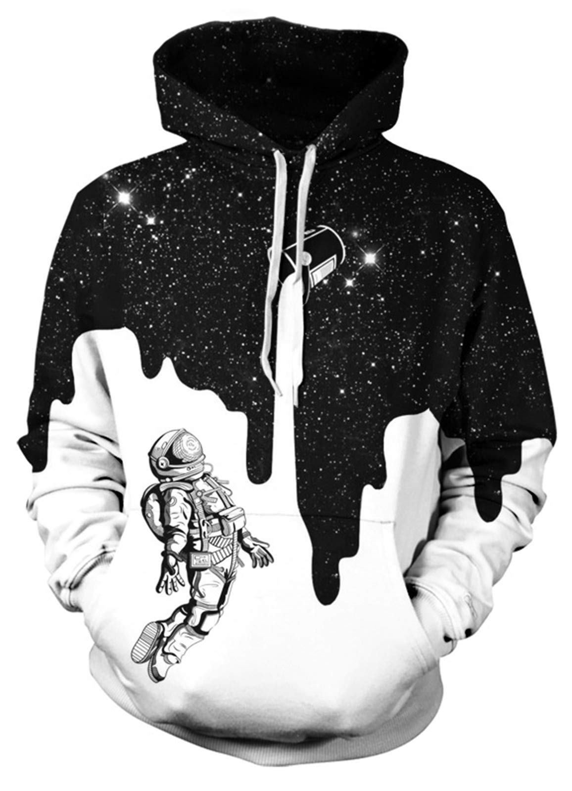 BarbedRose Men's Digital Print Sweatshirts Hooded Top Galaxy Pattern Hoodie,Black White Milk Astronaut,L/XL