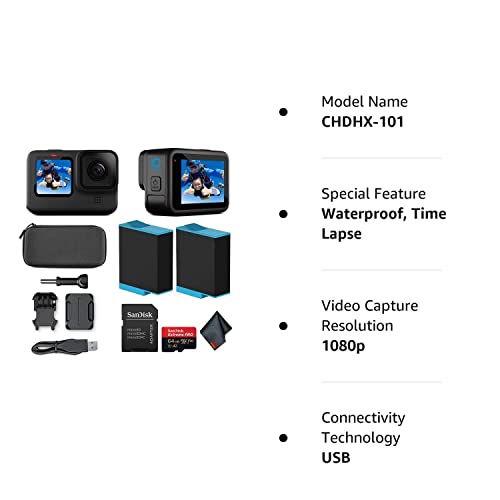 GoPro HERO10 Black (Hero 10) - Waterproof Action Camera with Front LCD and Touch Rear Screens, New GP2 Engine, 5K HD Video, 23MP Photos, Live Streaming, 64GB Extreme Pro Card and Extra Battery