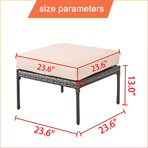 LOKATSE HOME Patio Footstool Outdoor Ottoman with Soft Thick Cushion for Garden Yard Deck Sunroom, Beige