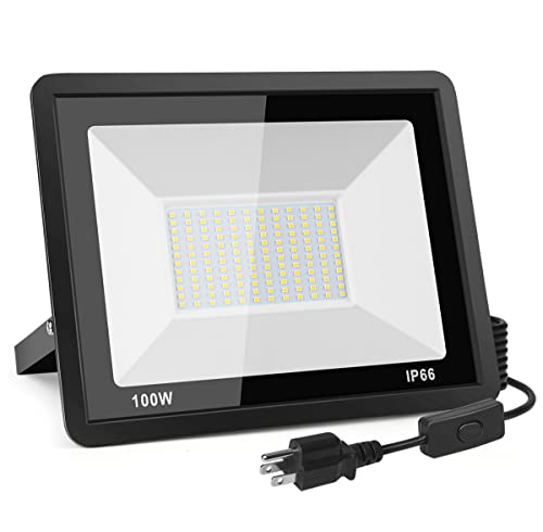 100W LED Flood Light Outdoor, 10000LM LED Work Light with Plug, 5000K Daylight White, IP66 Waterproof Outdoor Floodlights for Yard, Garden.