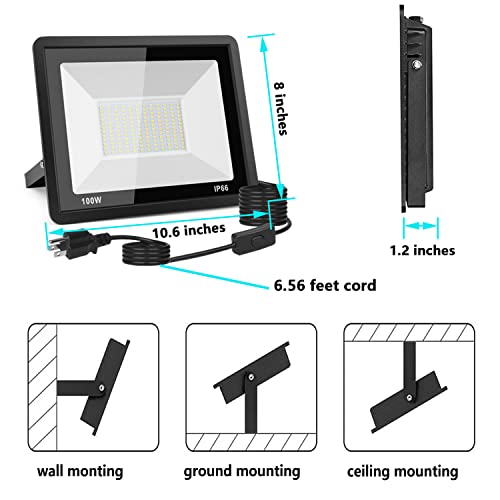 100W LED Flood Light Outdoor, 10000LM LED Work Light with Plug, 5000K Daylight White, IP66 Waterproof Outdoor Floodlights for Yard, Garden.