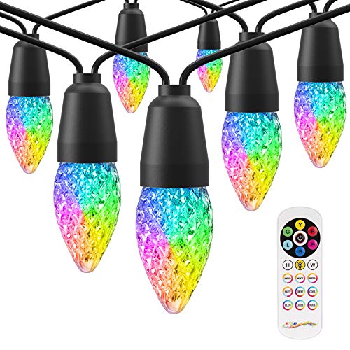 Bewahly Outdoor Lights LED Outdoor String Lights 48FT Outdoor String Lights with 25 Pcs 1W C35 Dimmable Plastic RGB Colorful Bulbs and Weatherproof IP65 Outdoor Lights for Bistro Backyard Garden