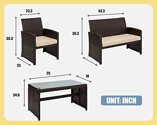 FDW 4 Pieces Rattan Wicker Conversation Set Lawn Chairs Porch Poolside Balcony Garden Outdoor Furniture,Brown