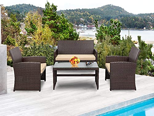 FDW 4 Pieces Rattan Wicker Conversation Set Lawn Chairs Porch Poolside Balcony Garden Outdoor Furniture,Brown