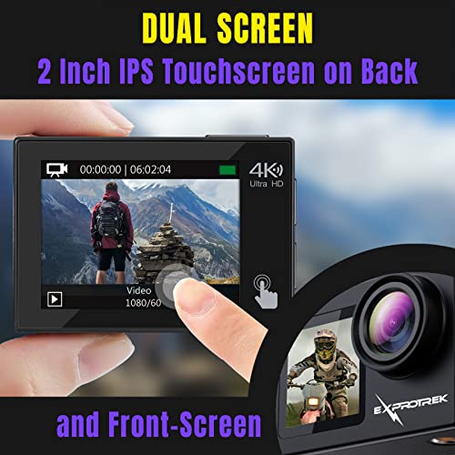 Exprotrek Action Camera 4K 60FPS with Touch Screen,EIS 170 ° Ultra Wide Angle, 40m Waterproof Underwater Remote Control Sports Camera with Helmet Accessories