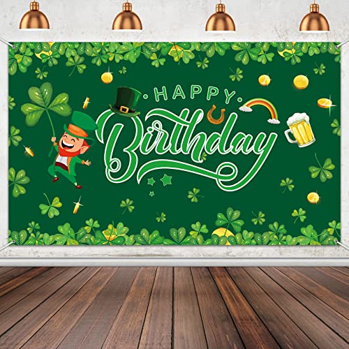 Happy Birthday St. Patrick's Day Backdrop Banner Saint Patricks Birthday Party Decorations Green Shamrock Sign Irish Luck Day Photo Booth Banner Birthday Backdrops Decor Supplies
