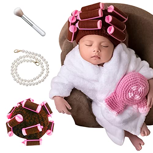 Newborn Photography Props Crochet Curler Hat Baby Photo Props Curler Hat Hair Spa Makeup Salon Halloween Party Infant Hat Baby Granny Wig Baby Photoshoot Prop Newborn Caps Christmas