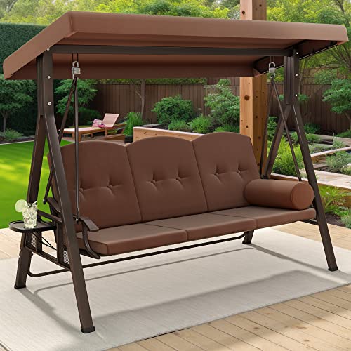 YITAHOME 3-Seat Deluxe Porch Swing Outdoor Heavy Duty Patio Swing Chair with Adjustable Canopy Removable Cushions Weather Resistant Steel Frame Suitable for Garden, Lawn, Backyard, Balcony, Brown