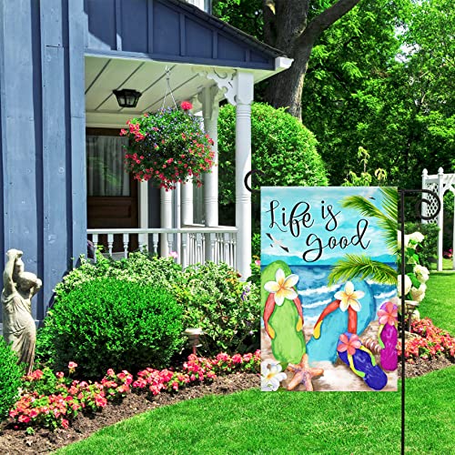 Morigins Flip Flops on Summer Beach Life is good Decorative Welcome Garden Flag 12.5X18 inch