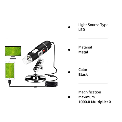 USB Microscope, 40X-1000X Digital Microscope 3 in 1 PCB Microscope Camera Magnification Endoscope Camera Portable Microscope, Metal Stand for Windows 7/8/10, Mac, Android with OTG, Linux