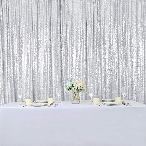 Hahuho Silver Sequin Backdrop Curtain, 2PCS 2FTx8FT Glitter Backdrop Curtain for Parties, Christmas, Wedding, Party Decoration（2 Panels, 2FT x 8FT, Silver