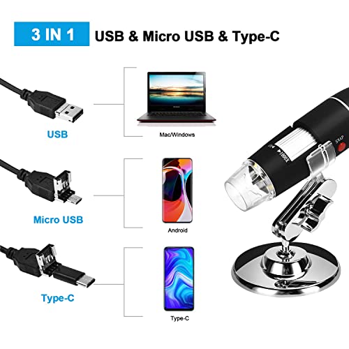 USB Microscope, 40X-1000X Digital Microscope 3 in 1 PCB Microscope Camera Magnification Endoscope Camera Portable Microscope, Metal Stand for Windows 7/8/10, Mac, Android with OTG, Linux