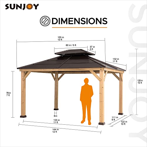 Sunjoy Hardtop Gazebo 11' X 13' Cedar Framed Wood Gazebo with Brown Double Steel Hardtop Roof Permanent Canopy for Garden, Backyard Shade