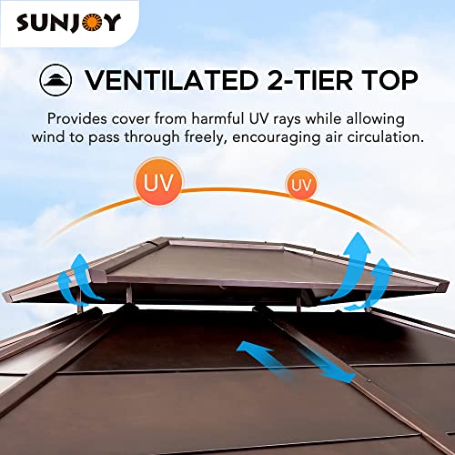 Sunjoy Hardtop Gazebo 11' X 13' Cedar Framed Wood Gazebo with Brown Double Steel Hardtop Roof Permanent Canopy for Garden, Backyard Shade