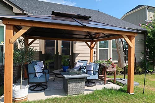Sunjoy Hardtop Gazebo 11' X 13' Cedar Framed Wood Gazebo with Brown Double Steel Hardtop Roof Permanent Canopy for Garden, Backyard Shade