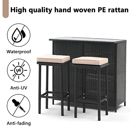 SoarFlash 3-Piece Outdoor Wicker Bar Set, Patio Rattan Bar Height Table Set with Stools, Cushion, Bistro Set for Poolside, Garden and Backyard, Beige