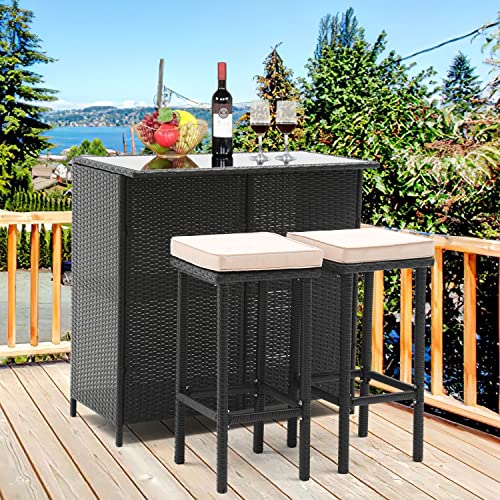 SoarFlash 3-Piece Outdoor Wicker Bar Set, Patio Rattan Bar Height Table Set with Stools, Cushion, Bistro Set for Poolside, Garden and Backyard, Beige