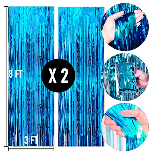 Dazzle Bright Backdrop Curtain, 3FT x 8FT Metallic Tinsel Foil Fringe Curtains Photo Booth Background for Baby Shower Party Birthday Wedding Engagement Bridal Shower (2, Blue)