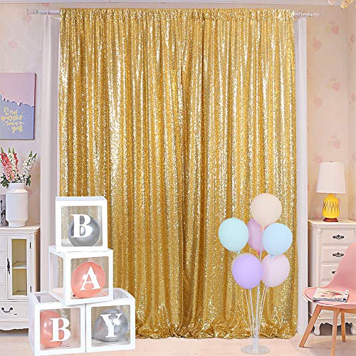 Blxsif Gold Sequin Backdrop Curtains - 2 Panels 2.5x8FT Glitter Gold Photo Backdrop Party Wedding Baby Shower Curtain Sparkle Photography Background