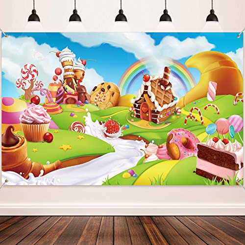 Donut Candy Birthday Party Backdrop Banner, Christmas Large Fabric Sweet Donut Candy Backdrop for Candy Party Decoration, Sweet Cartoon Landscape Baby Shower Background Photo Props, 72.8 x 43.3 Inch