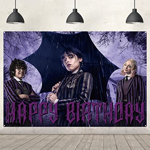 Wednesday Addams Birthday Banner Photography Backdrop Addams Party Background Wednesday Party Supplies 5x3Ft Addams Backdrop for Kids Birthday Decoration Baby Shower Photography Banner