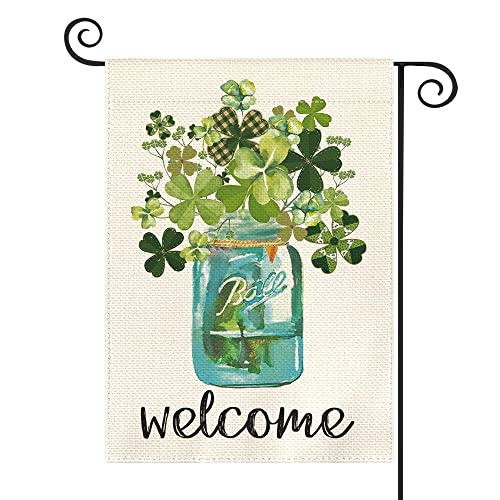 AVOIN colorlife Welcome Watercolor Lucky Clover St Patricks Day Garden Flag Double Sided, Shamrock Jar Yard Outdoor Flag 12x18 Inch