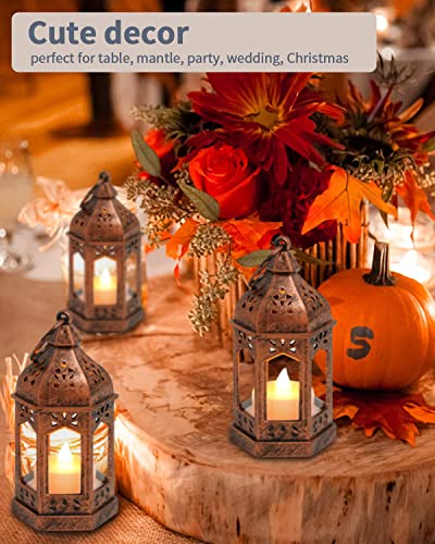 SHYMERY Mini Lantern with Flickering LED Candles,Battery Included,Decorative Hanging Lantern,Christmas Decorative Lantern,Indoor Candle Lantern,Battery Lantern Indoor Use(Set of 8 Copper Brushed)