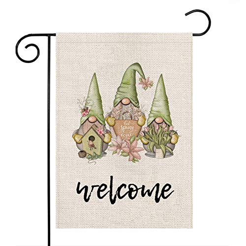 Spring Welcome Gnomes Garden Flag Burlap Summer Outdoor Decorations Double Sided Vertical Farmhouse Flags Yard Decor 12.5 x 18 Inch