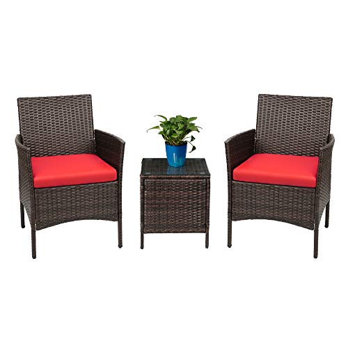 Devoko Patio Porch Furniture Sets 3 Pieces PE Rattan Wicker Chairs with Table Outdoor Garden Furniture Sets (Brown/Red)