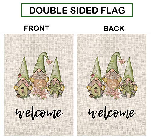 Spring Welcome Gnomes Garden Flag Burlap Summer Outdoor Decorations Double Sided Vertical Farmhouse Flags Yard Decor 12.5 x 18 Inch