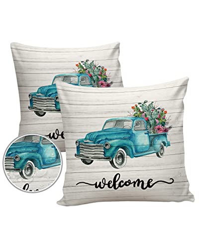 Outdoor Waterproof Pillow Covers for Patio Furniture Cactus with Blue Truck Decorative Throw Pillow Cover Tropical Plants Wood Grain Pillowcases Set of 2 Cushion Case for Sofa Couch Chair 18 x 18 in