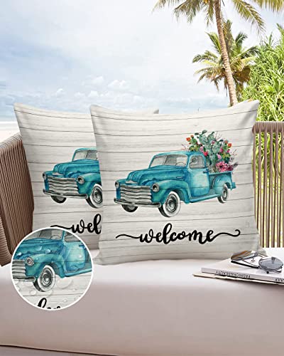 Outdoor Waterproof Pillow Covers for Patio Furniture Cactus with Blue Truck Decorative Throw Pillow Cover Tropical Plants Wood Grain Pillowcases Set of 2 Cushion Case for Sofa Couch Chair 18 x 18 in