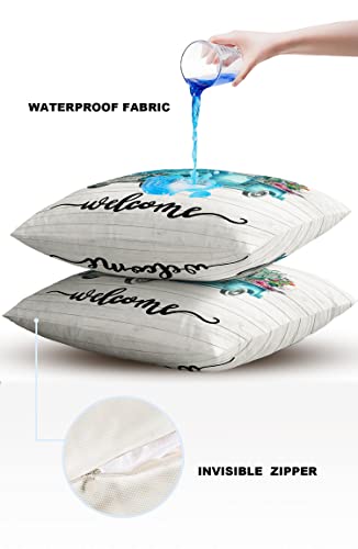 Outdoor Waterproof Pillow Covers for Patio Furniture Cactus with Blue Truck Decorative Throw Pillow Cover Tropical Plants Wood Grain Pillowcases Set of 2 Cushion Case for Sofa Couch Chair 18 x 18 in