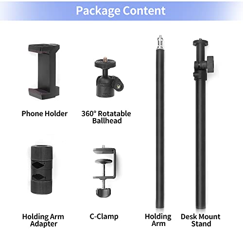 JINSUI Overhead Phone Mount with Holding Arm, Adjustable Camera Desk Mount with Phone Holder and 360° Ball Head, Table C-Clamp Mount Stand for Webcam, Light, Video Recording, Live Streaming