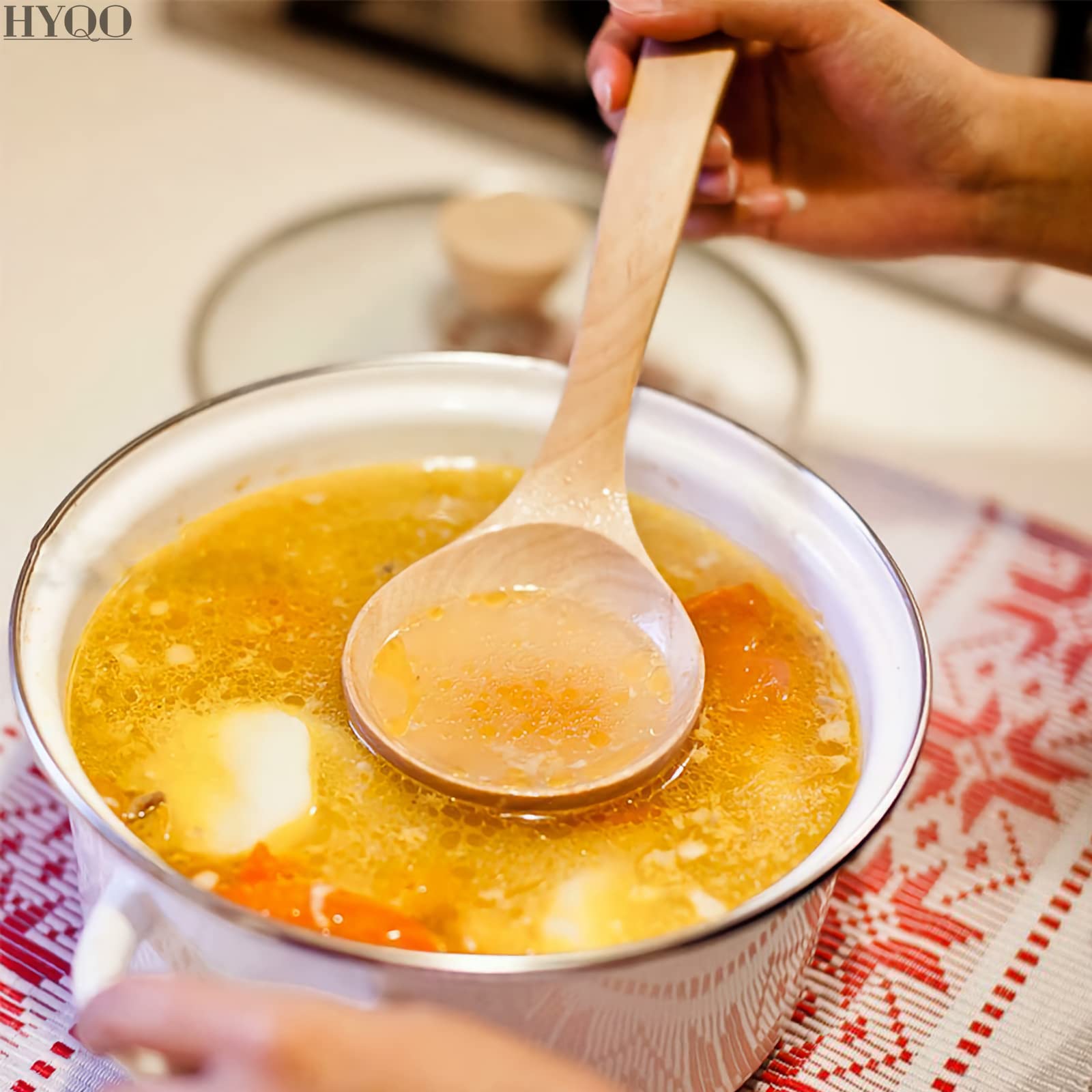 Wooden Ladle for Soup - 10.8x2.8" Wood Ladle with Deep Scoop, Hanging Hook, and Lacquer Coating for a Comfortable Grip, Easy to Clean and Store - Hard Thermostable, Long Soup Spoon for Kitchen
