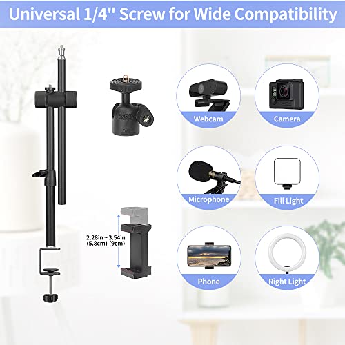 JINSUI Overhead Phone Mount with Holding Arm, Adjustable Camera Desk Mount with Phone Holder and 360° Ball Head, Table C-Clamp Mount Stand for Webcam, Light, Video Recording, Live Streaming