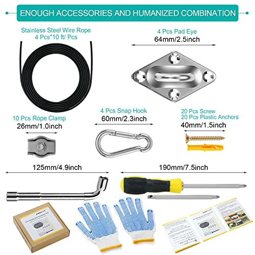 Shade Sails Installation Kits,Sun Shade Sail Hardware Kit with 4pcs 10ft Length Extension Nylon Wire Rope,Shades Awning Kit for Triangle Rectangle Shade Canopy,304 Stainless Steel, Patio Outdoor