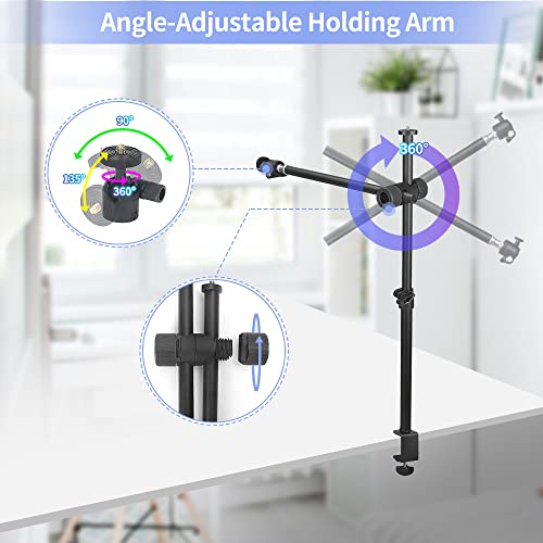 JINSUI Overhead Phone Mount with Holding Arm, Adjustable Camera Desk Mount with Phone Holder and 360° Ball Head, Table C-Clamp Mount Stand for Webcam, Light, Video Recording, Live Streaming