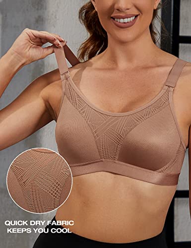 ZeroBound Medium Impact Sports Bras for Women Plus Size Wirefree Non Padded Supports Workout Yoga Bras (Caramel,38DDD)
