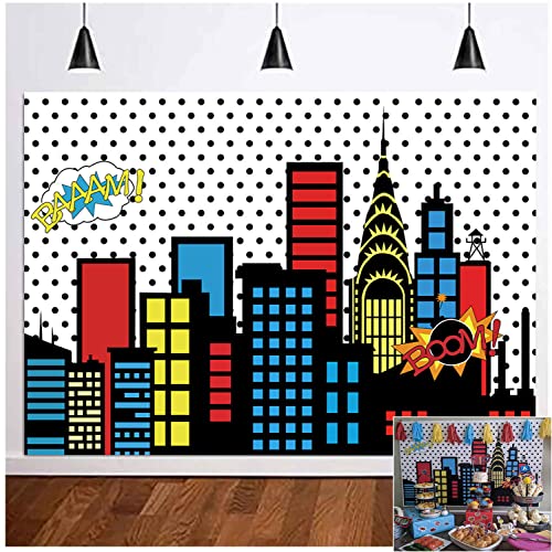 Art Studio 8x6ft Superhero Super City Photography Backdrops Skyline Buildings City Boom Photo Background Children Birthday Party Banner Photo Studio Booth Cake Table Decor