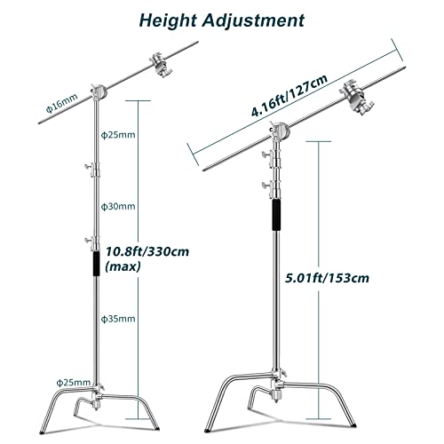 Altson Pro 100% Stainless Steel Heavy Duty C Stand with Boom Arm, Max Height 10.5ft/320cm Photography Light Stand with 4.2ft/128cm Holding Arm, 2 Grip Head for Studio Monolight, Softbox, Reflector