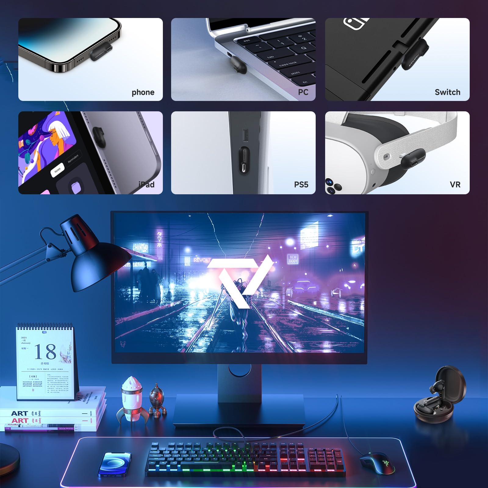PRISMXR Wireless Gaming Earbuds Compatible with PS5/4, Meta Quest 3S/Quest 3/Quest 2, 25ms Low-Latency, 2.4GHz Bluetooth for Steam Deck, Switch, PC (USB-C Dongle Included) - Vega T1