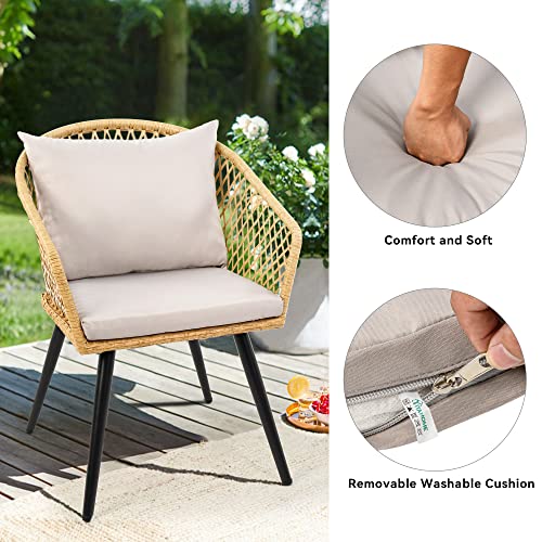 YITAHOME 3-Piece Outdoor Patio Furniture Wicker Bistro Set, All-Weather Rattan Conversation Chairs for Backyard, Balcony and Deck with Soft Gray Cushions, Glass Side Table Light-Yellow
